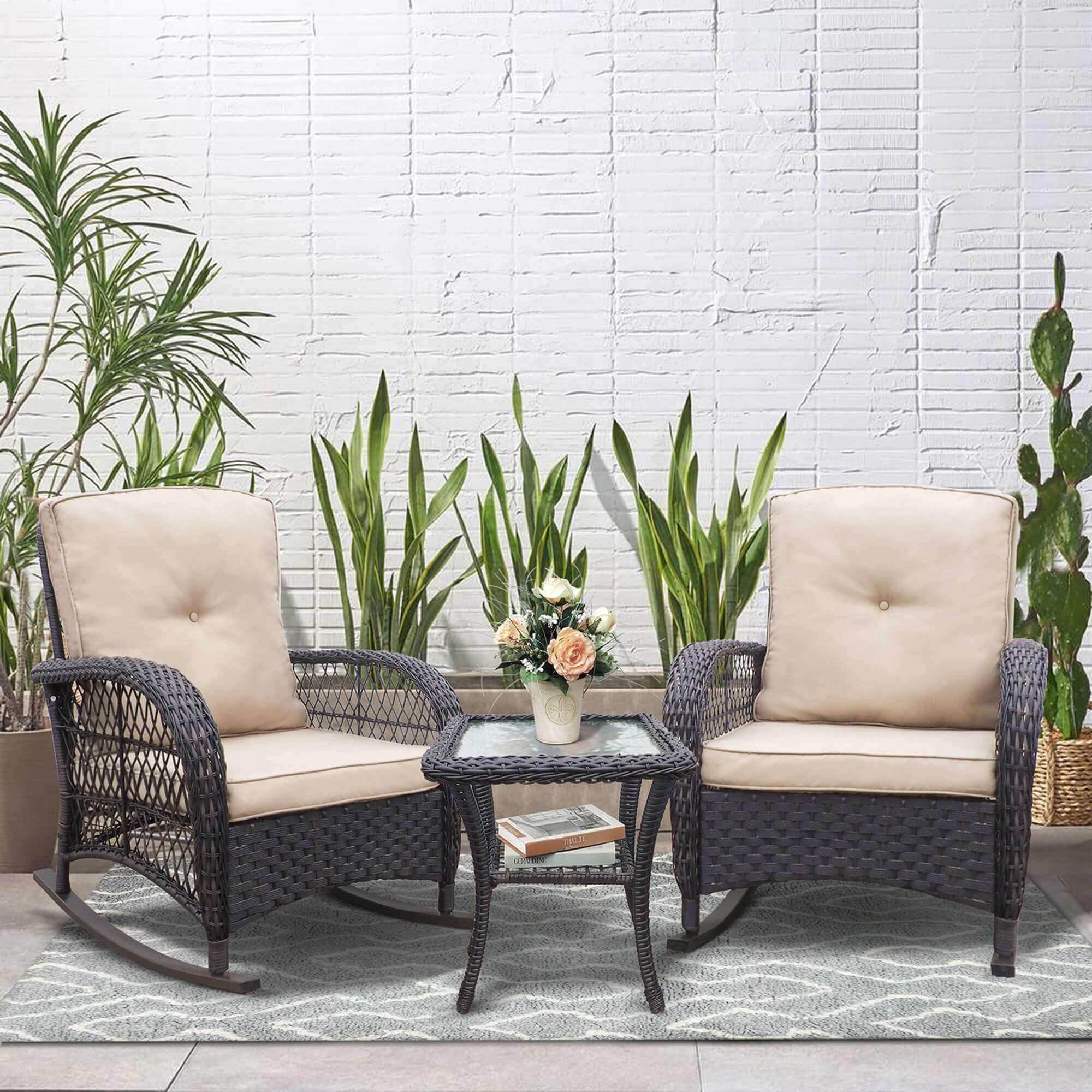 Outdoor Wicker Rocking Chair Set of 3 / Patio Conversation Sets with 2 ...